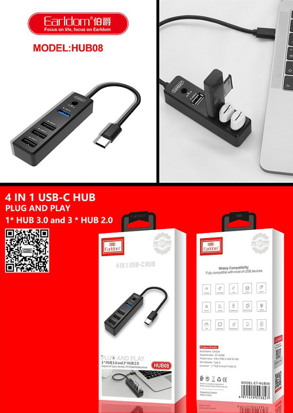 ổ cắm earldom hub-08 từ type c sang usb
